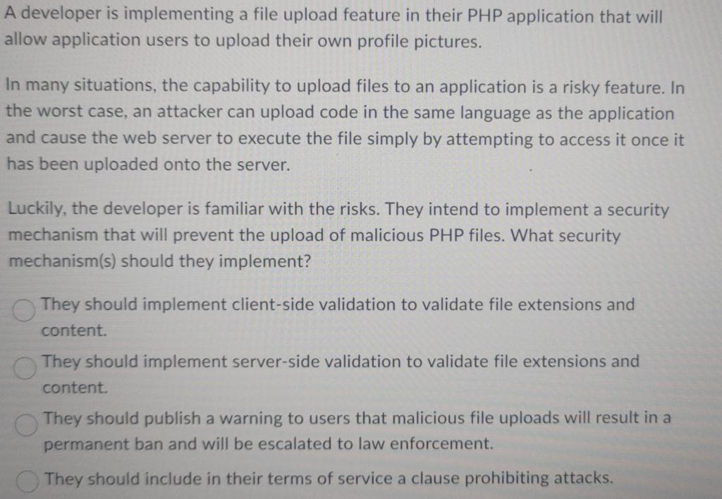 Solved A developer is implementing a file upload feature in | Chegg.com