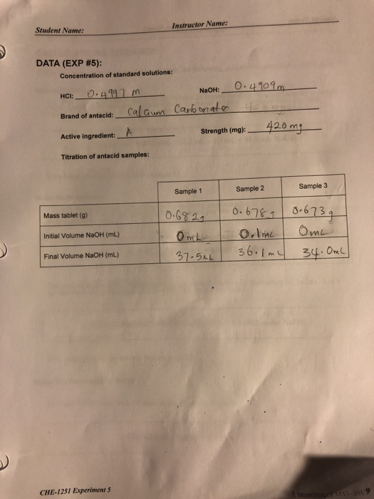 Student Name: Instructor Name: DATA (EXP #5): | Chegg.com