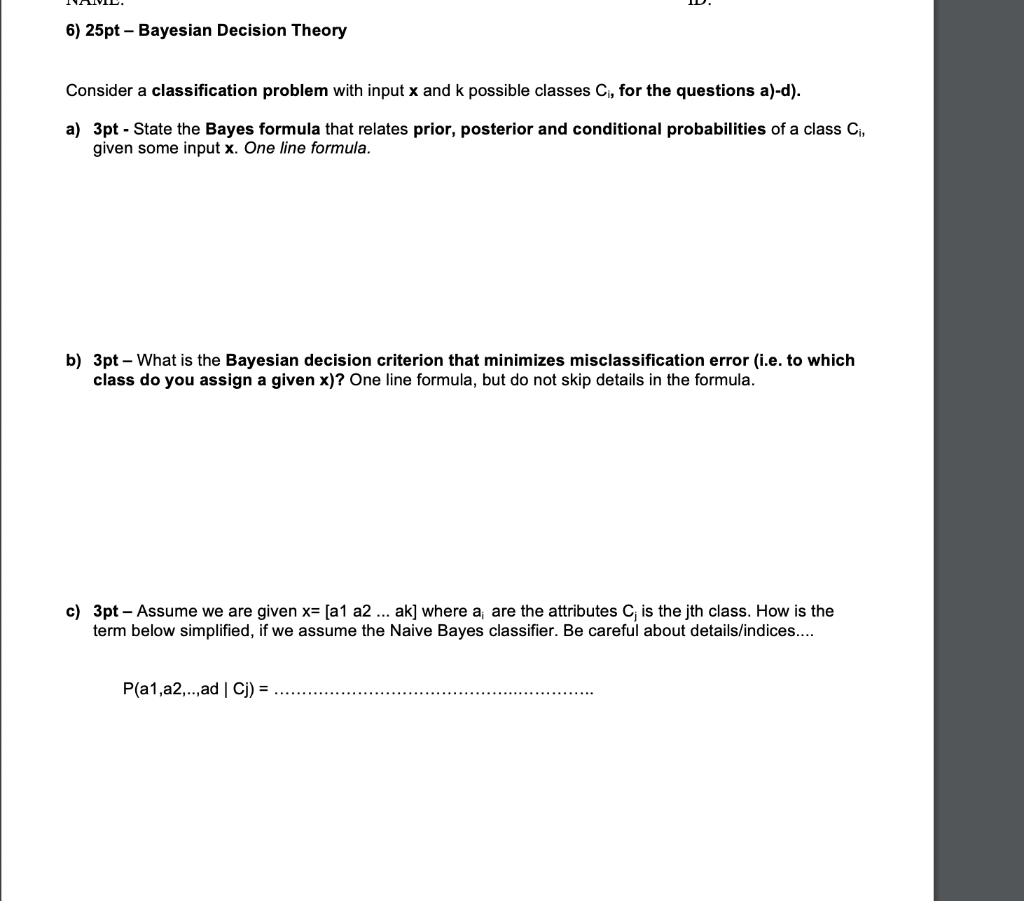 Solved 6) 25pt - Bayesian Decision Theory Consider a | Chegg.com