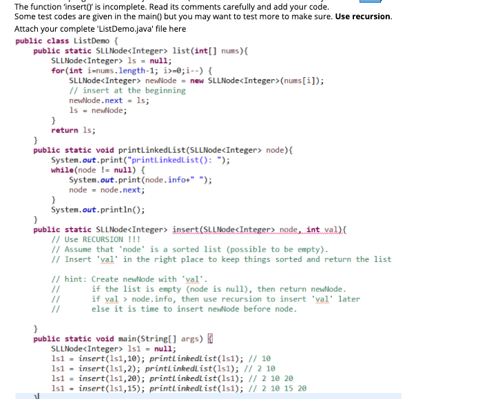 Solved The function 'insert() is incomplete. Read its | Chegg.com