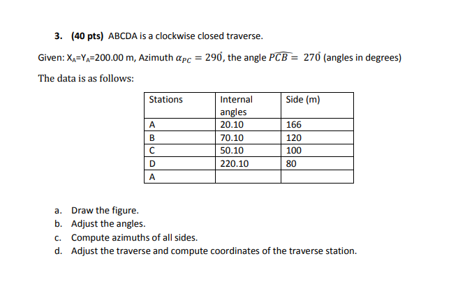 Solved 3. (40 pts) ABCDA is a clockwise closed traverse. | Chegg.com