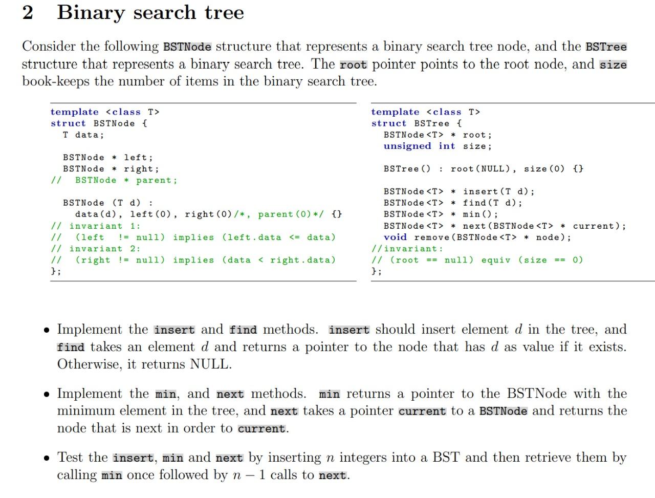 Solved 2 Binary search tree Consider the following BSTNode | Chegg.com