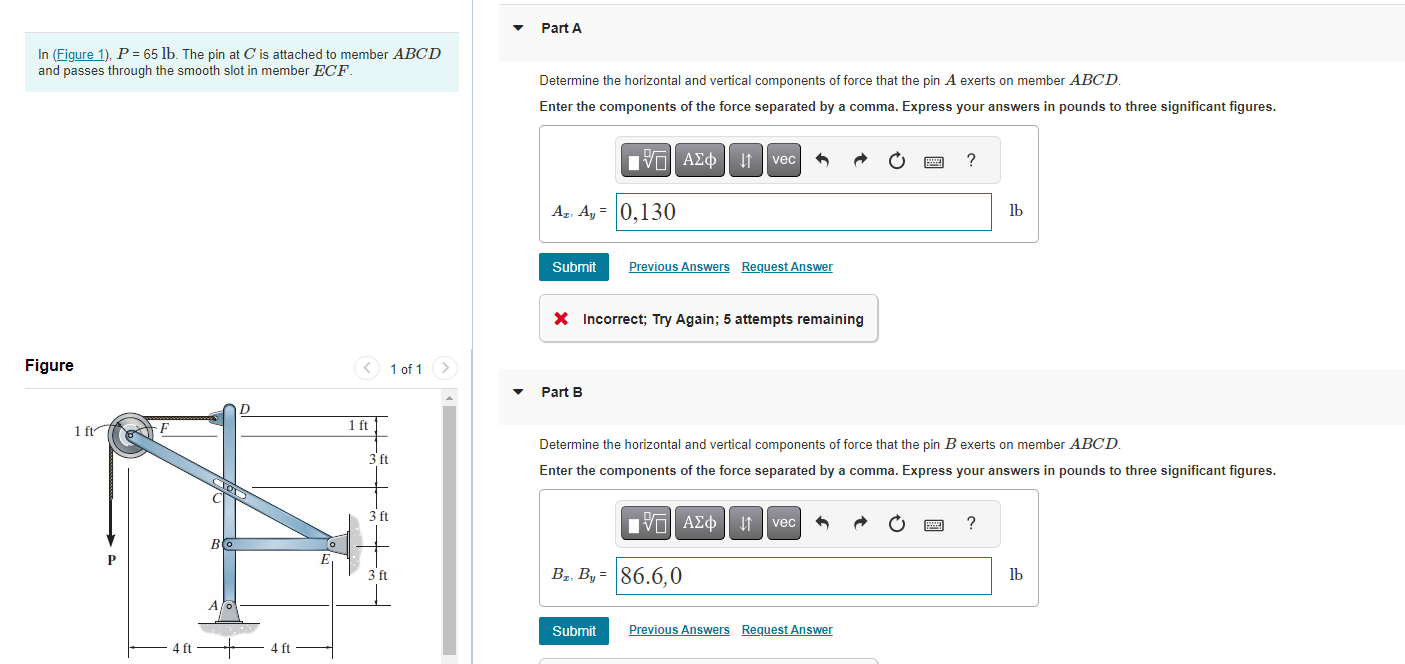 Solved In (Figure 1), P=65lb. The pin at C is attached to | Chegg.com