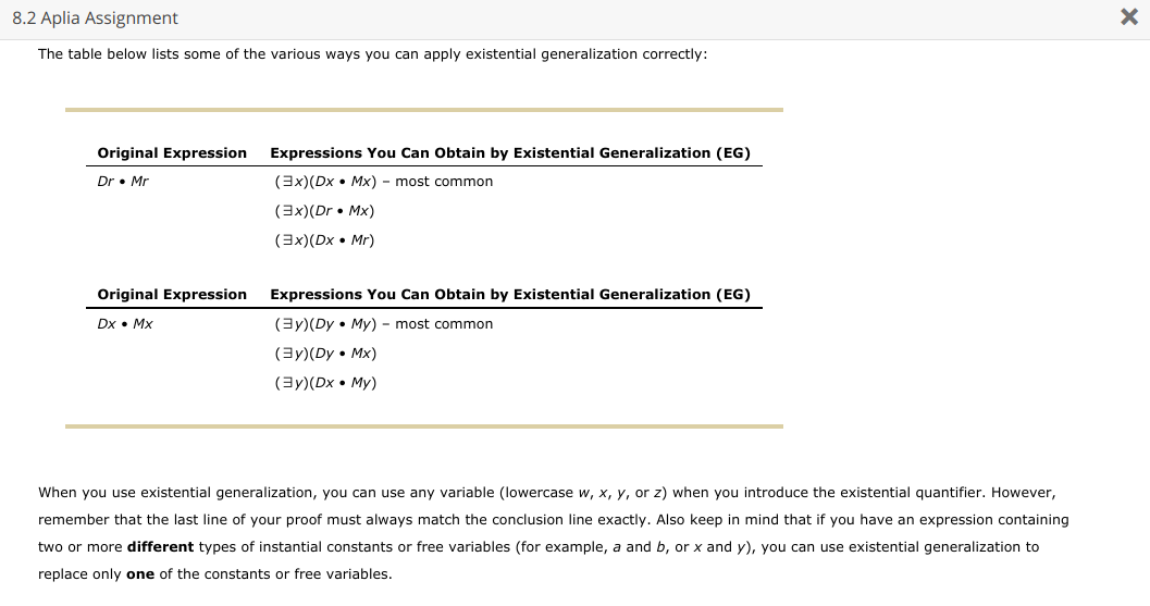 Solved 8.2 Aplia Assignment 3. Existential Generalization | Chegg.com