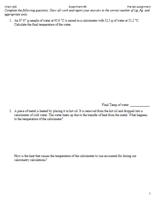 Experiment #8 Introduction to Thermochemistry | Chegg.com