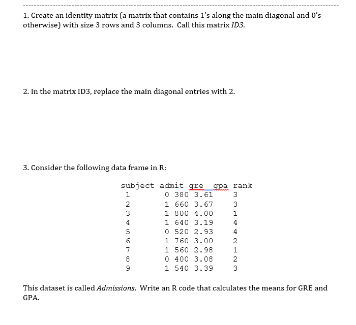 Solved 1. Create an identity matrix (a matrix that contains | Chegg.com