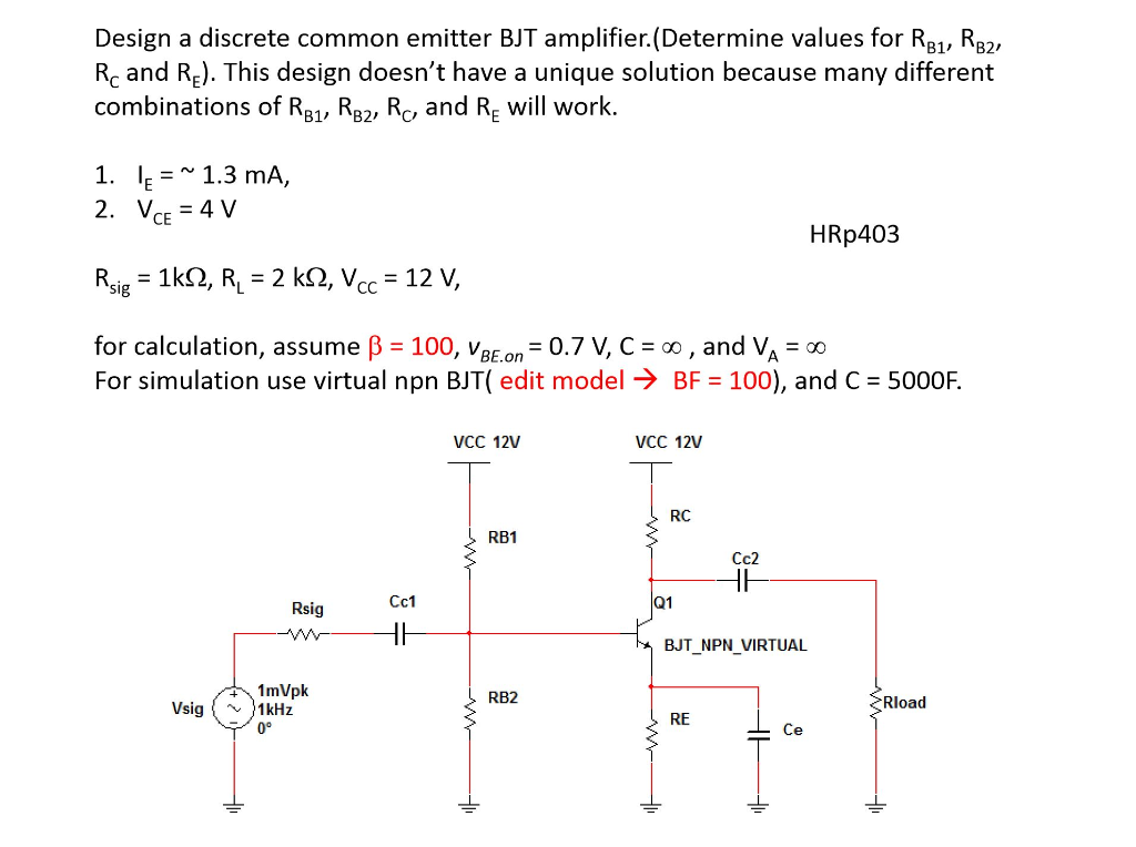 Solved FIND THE VALUES OF Rb1, Rb2, Re,Rc, rin , rout, | Chegg.com