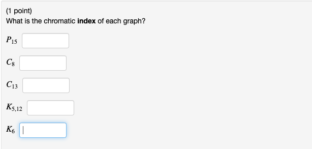 Solved (1 point) What is the chromatic index of each graph? | Chegg.com