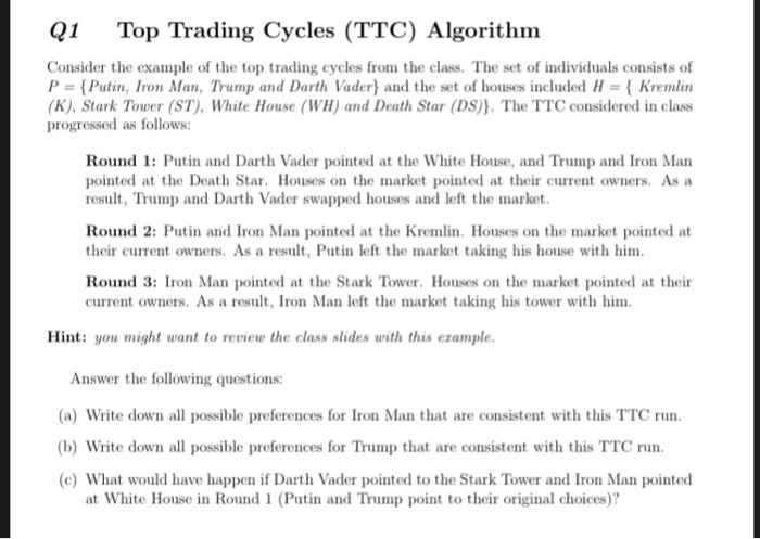 Q1 Top Trading Cycles (TTC) Algorithm Consider the | Chegg.com