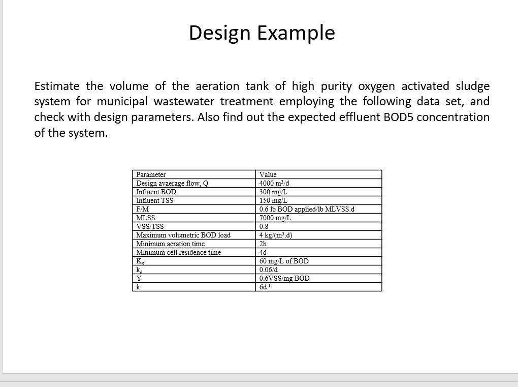 Solved Design Example Estimate the volume of the aeration | Chegg.com