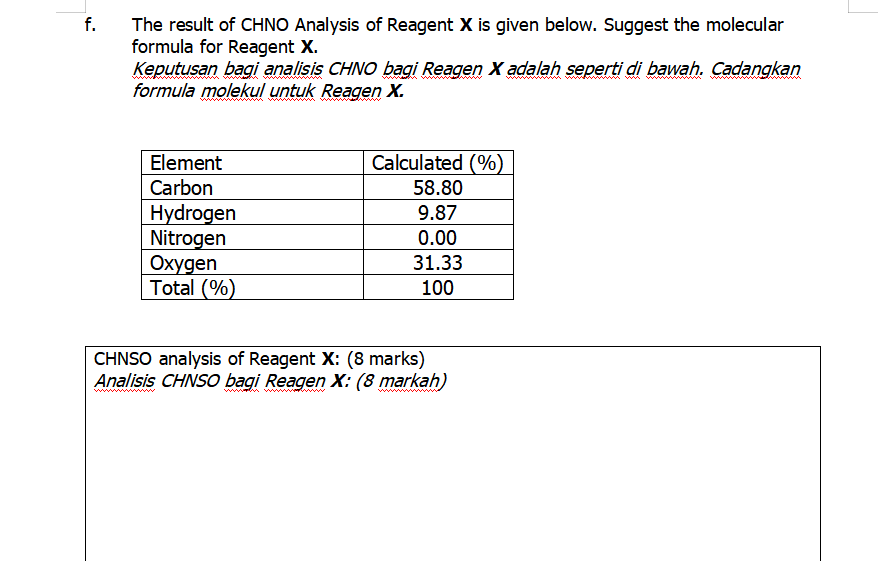 Solved f. The result of CHNO Analysis of Reagent X is given | Chegg.com