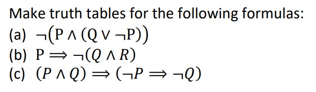 Solved Make truth tables for the following formulas: (a) | Chegg.com