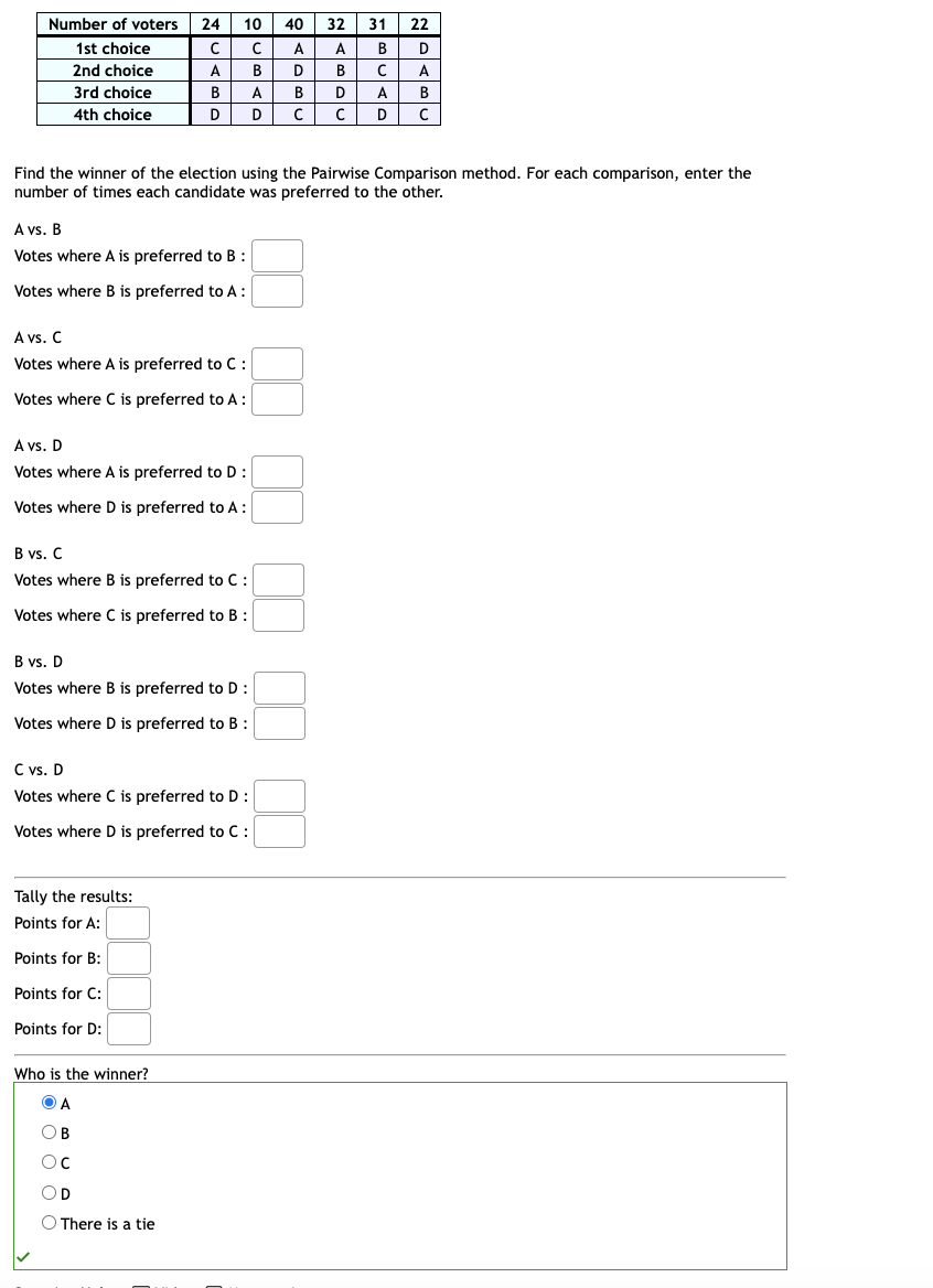 Solved Find the winner of the election using the Pairwise | Chegg.com