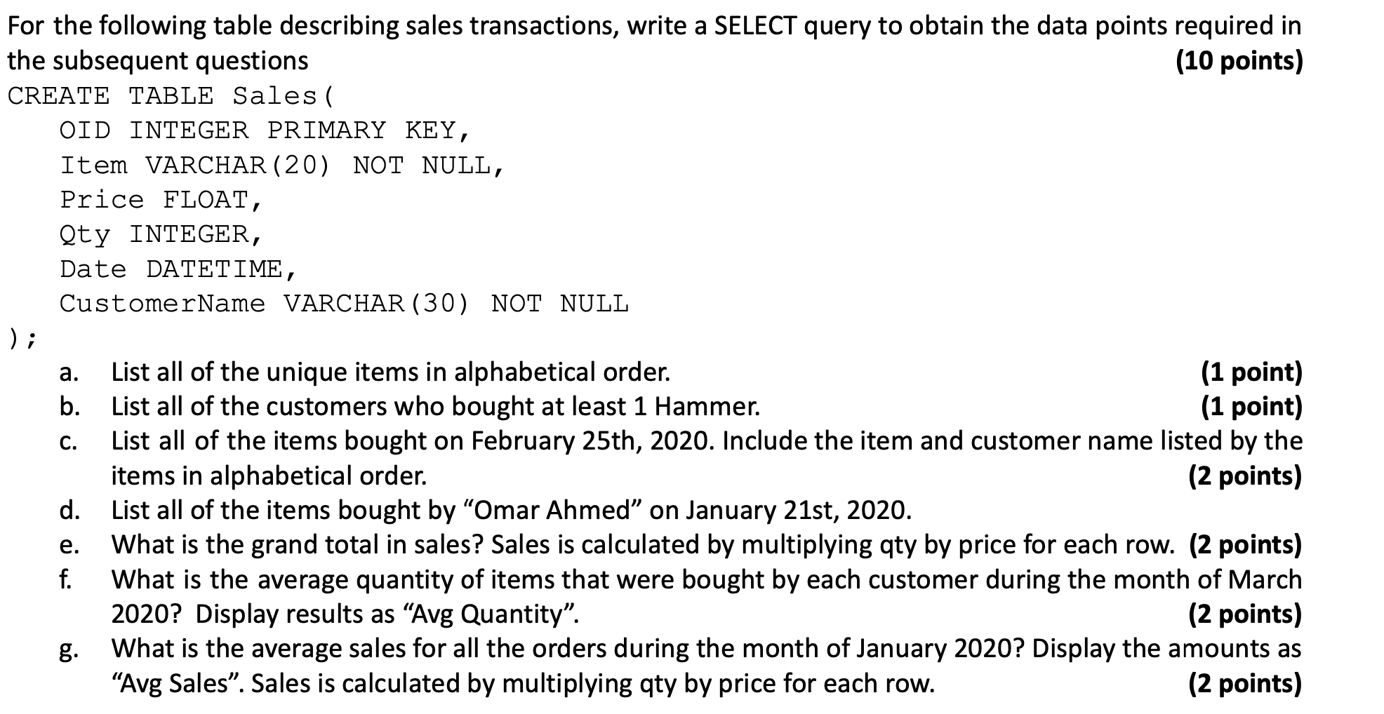 Solved For the following table describing sales | Chegg.com