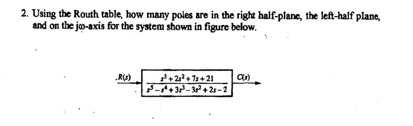 Solved 2. Using the Routh table, how many poles are in the | Chegg.com