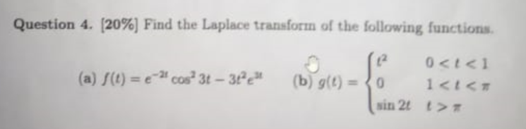 Solved Question 4. [20\%] Find the Laplace transform of the | Chegg.com