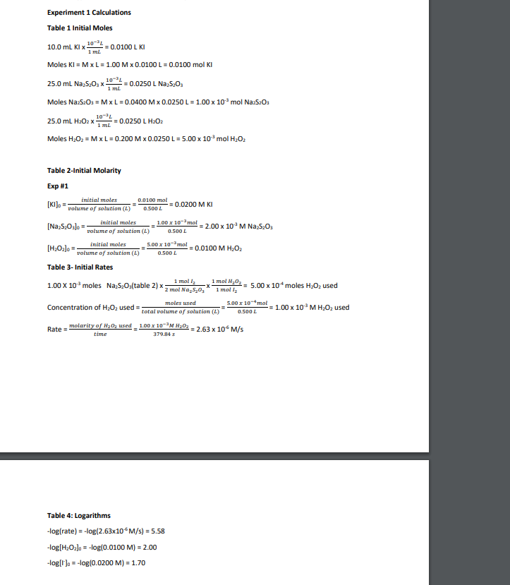 Solved 1 m. Experiment 1 Calculations Table 1 Initial Moles | Chegg.com