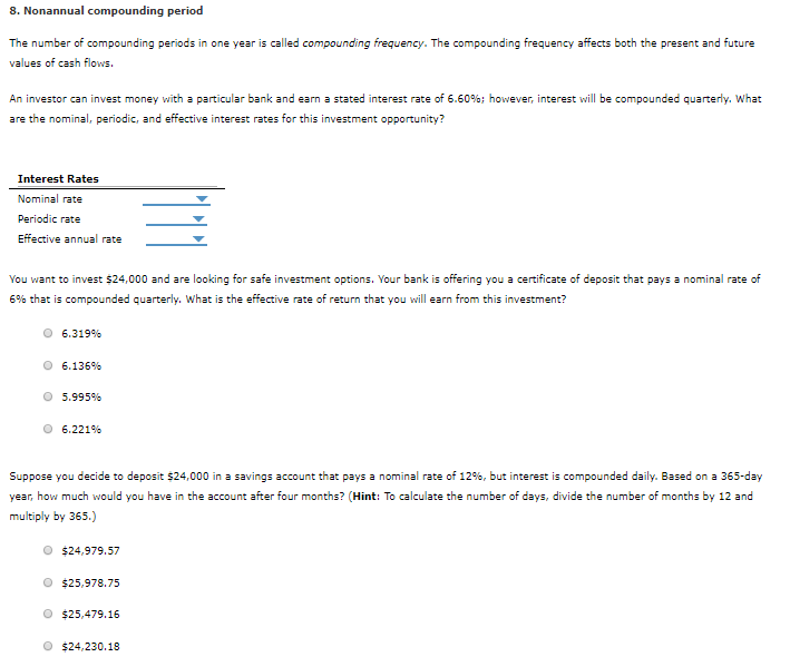 Solved 8. Nonannual compounding period The number of | Chegg.com
