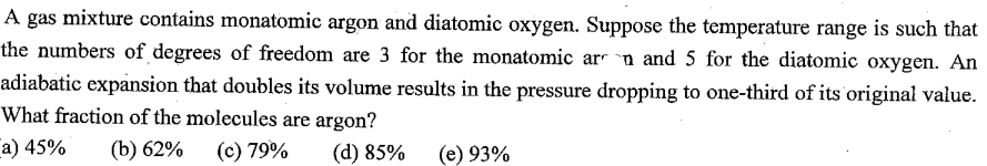 Solved A gas mixture contains monatomic argon and diatomic | Chegg.com
