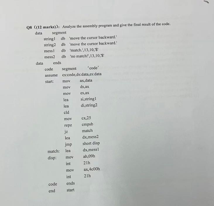 Solved 1 mov Q8 ((12 marks))Analyze the assembly program and | Chegg.com
