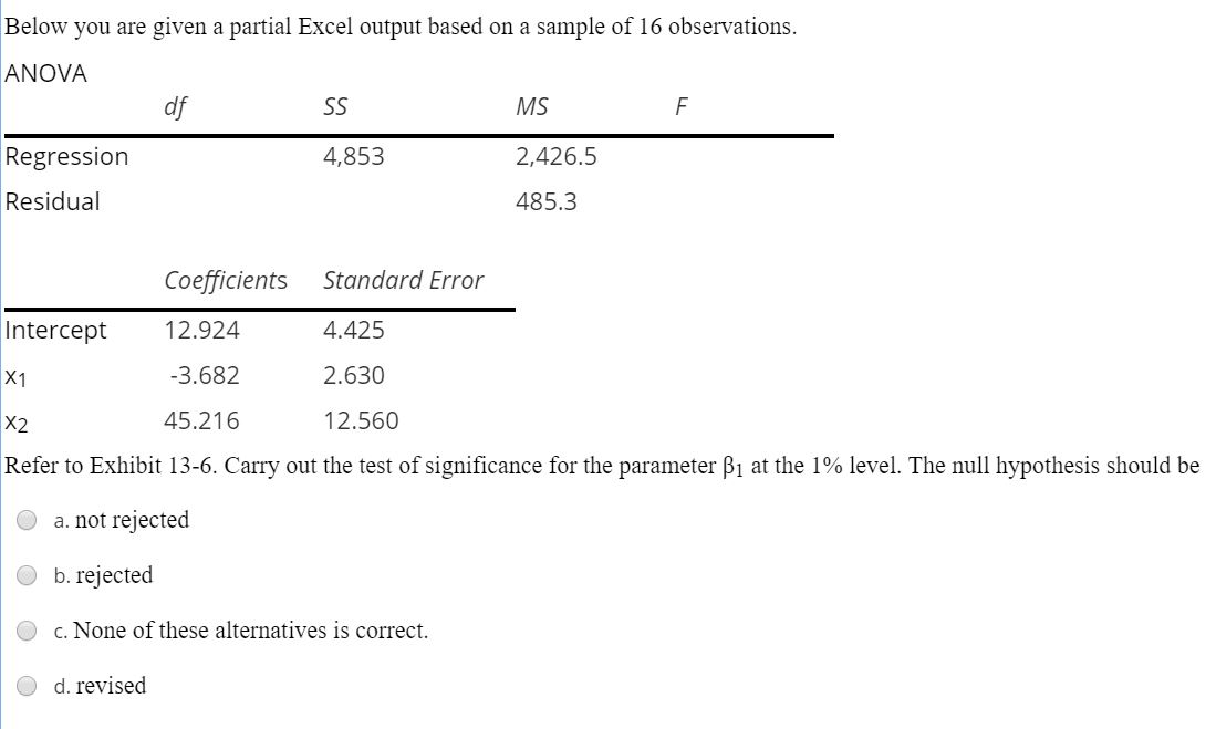 Solved Below you are given a partial Excel output based on a | Chegg.com