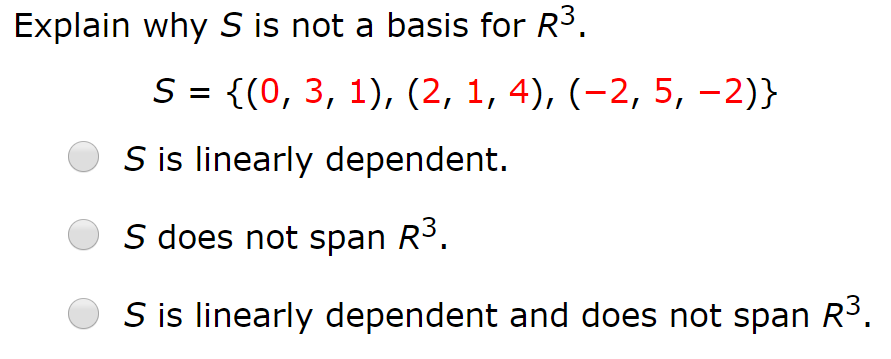 Solved Explain why S is not a basis for R3. S = {(0, 3, 1), | Chegg.com