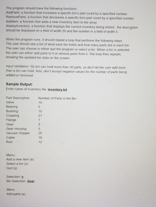 Solved Exercise - Inventory Bins Write a program that | Chegg.com