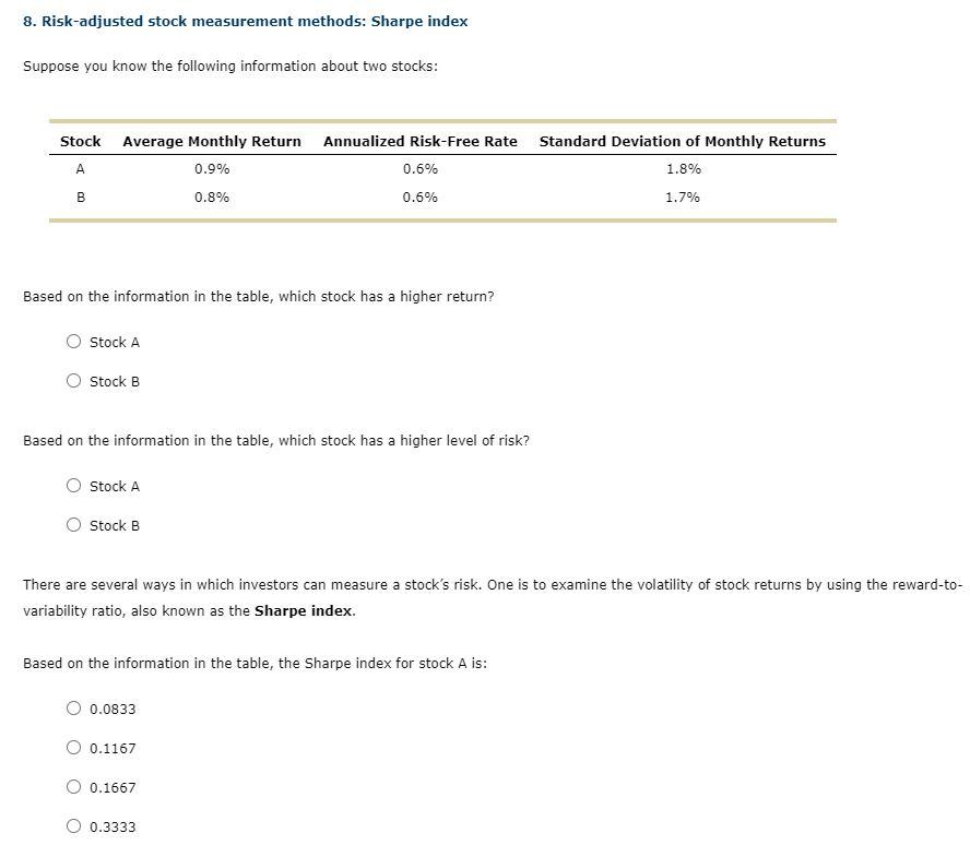 Solved 8. Risk-adjusted stock measurement methods: Sharpe | Chegg.com