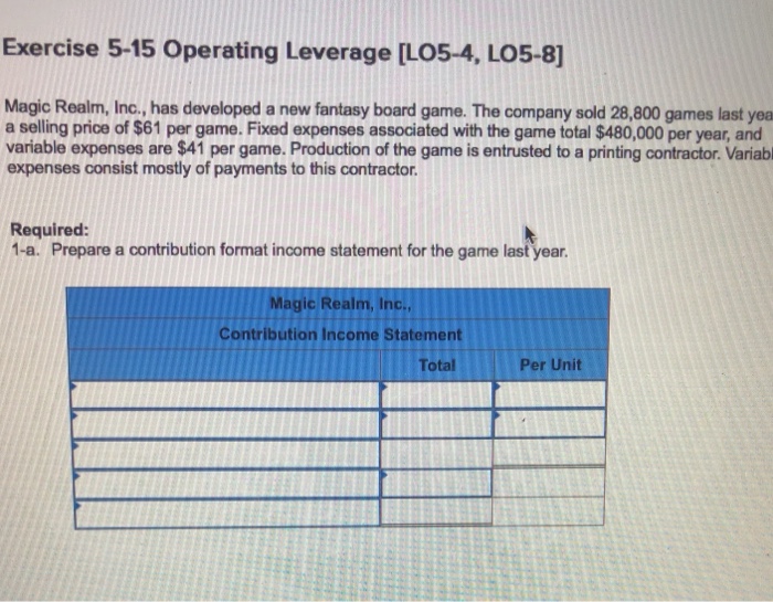 Solved Exercise 5-15 Operating Leverage [LO5-4, LO5-8] Magic | Chegg.com