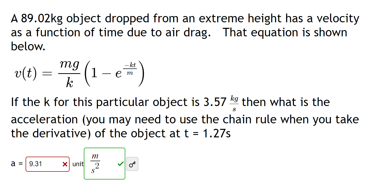 Solved A 89.02kg object dropped from an extreme height has a | Chegg.com