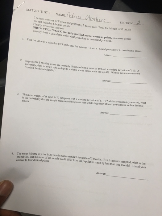 Solved MAT 205 TEST 3 NAME-Adria Strother 3 SECTİON The | Chegg.com