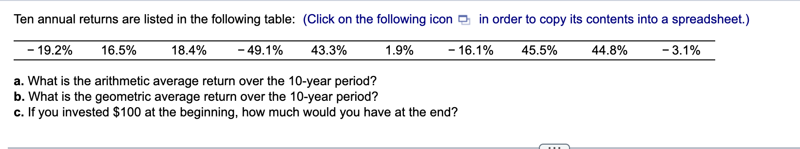 Solved a. What is the arithmetic average return over the 10 | Chegg.com