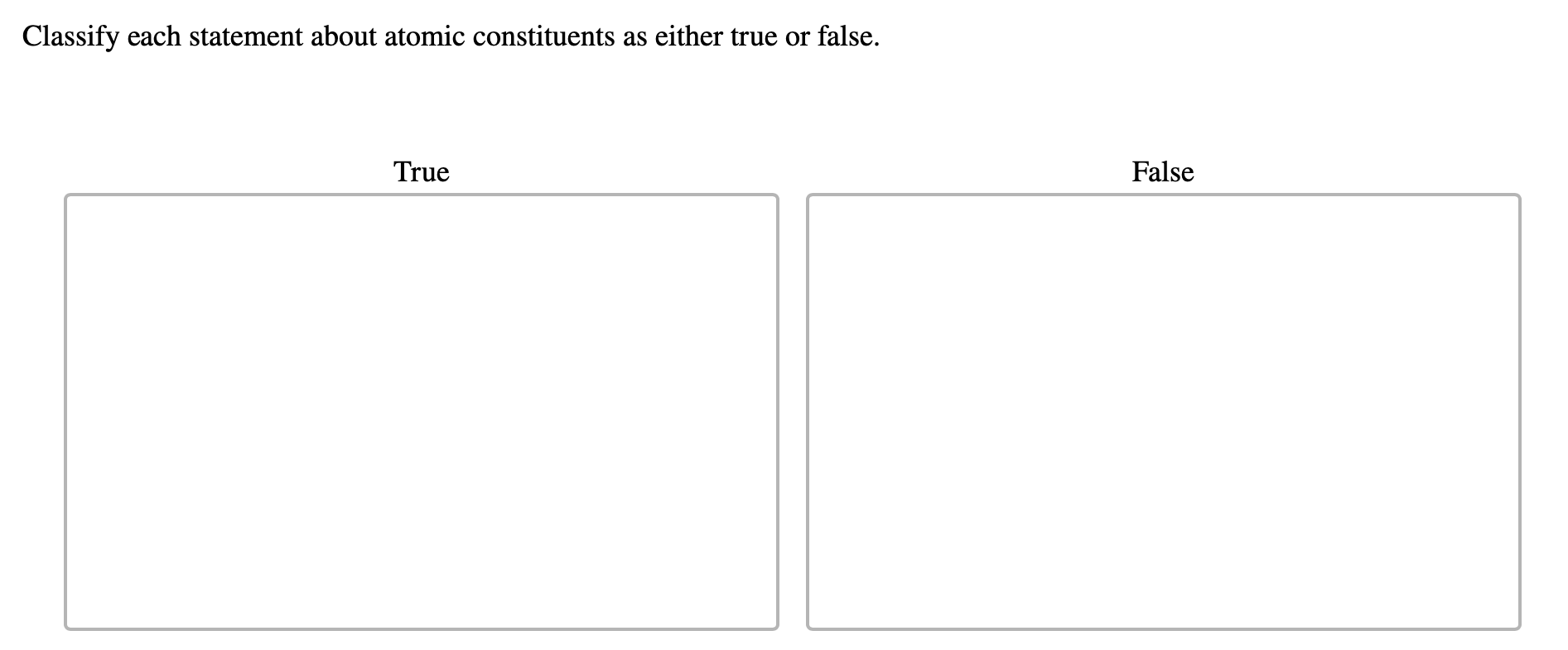 Solved Classify each statement about atomic constituents as | Chegg.com