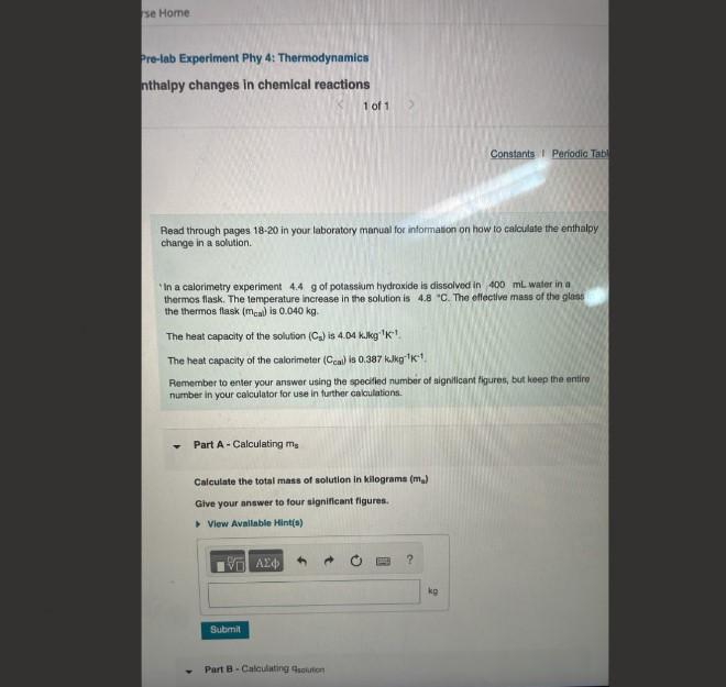 Solved re-lab Experiment Phy 4: Thermodynamies thalpy | Chegg.com