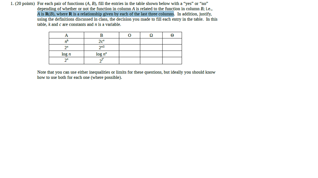 Solved 1. (20 points) For each pair of functions (A, B), | Chegg.com