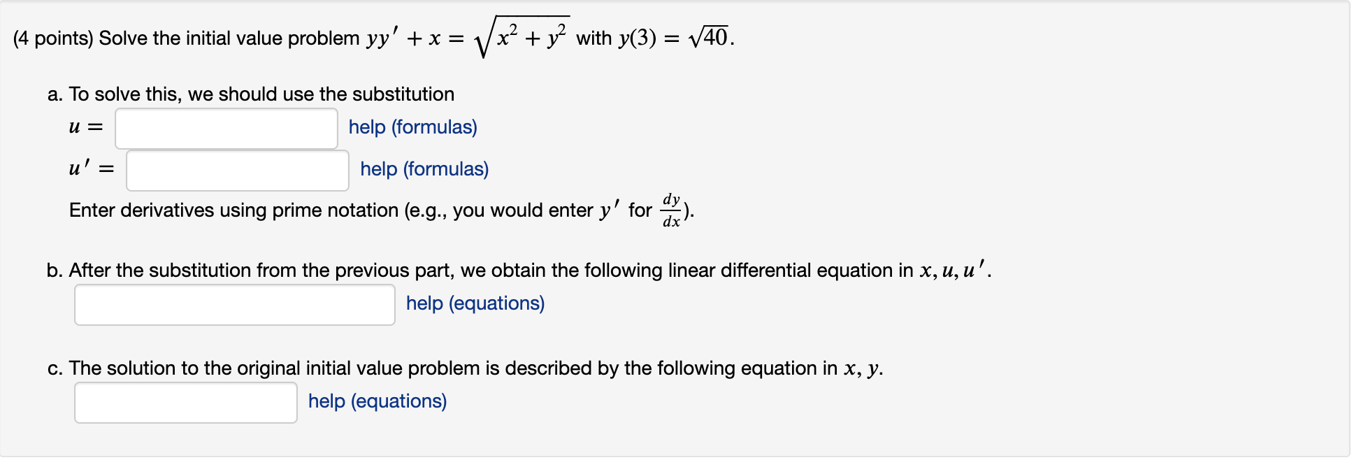 Solved (4 points) Solve the initial value problem yy' + x = | Chegg.com
