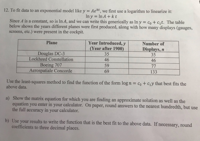 Solved 12 To Fit Data To An Exponential Model Like Y Aekt