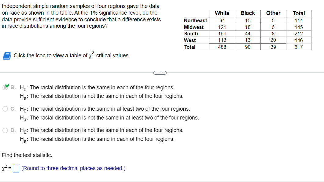 Solved Independent simple random samples of four regions | Chegg.com