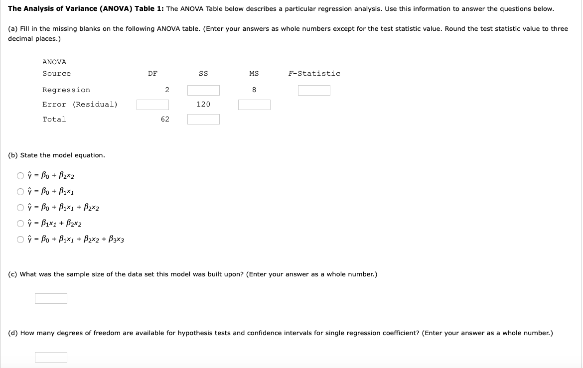 Solved The Analysis of Variance (ANOVA) Table 1: The ANOVA | Chegg.com