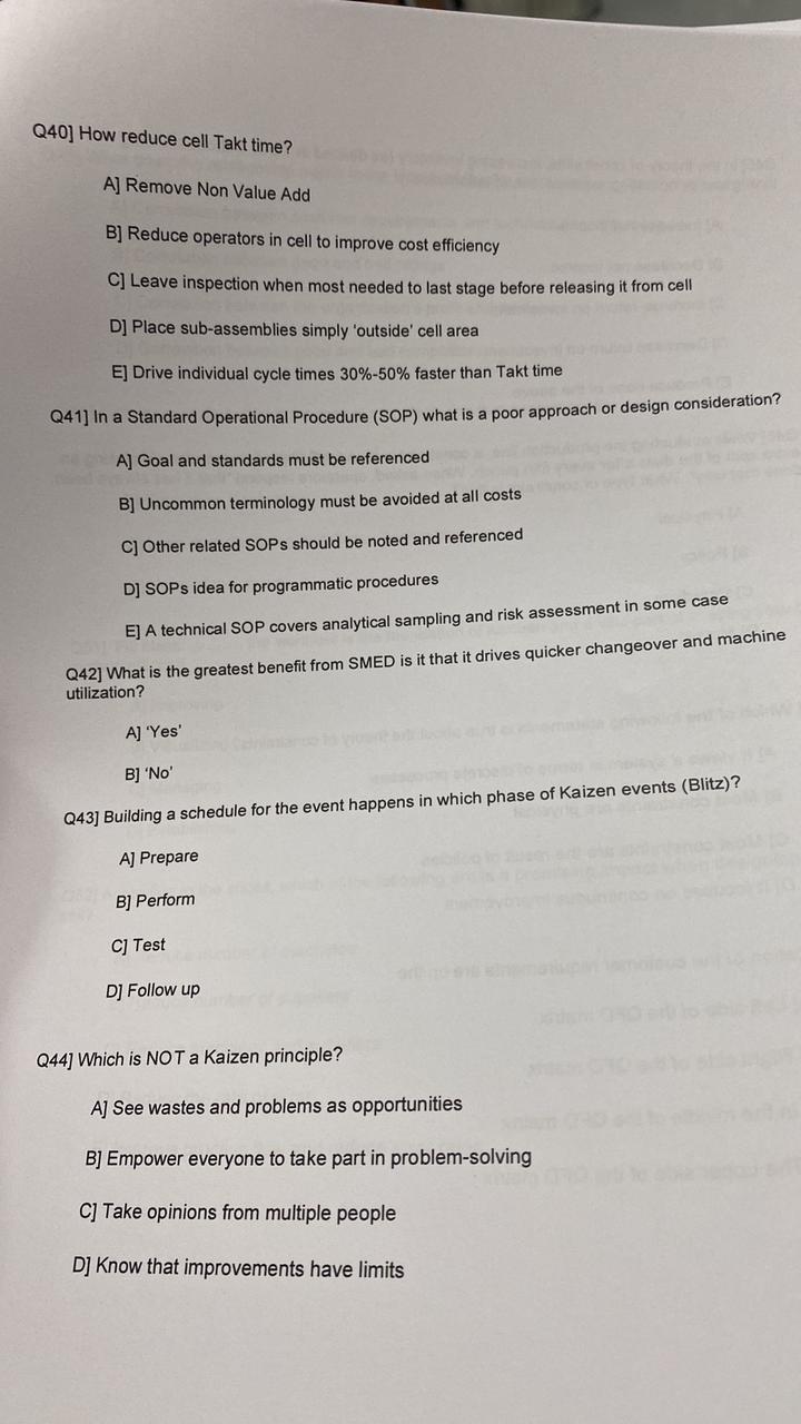 Solved Q40] How reduce cell Takt time? A] Remove Non Value | Chegg.com