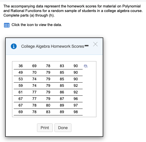 Solved The accompanying data represent the homework scores | Chegg.com