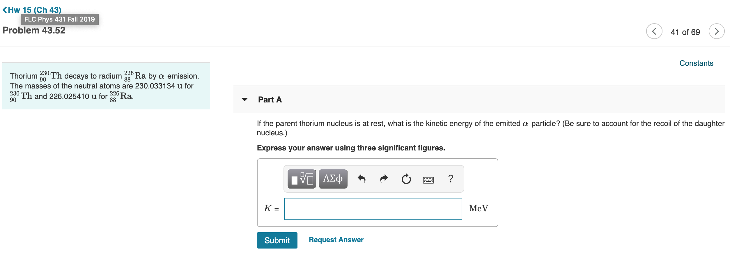 Solved Constants Thorium 20 Th decays to radium Ra by a | Chegg.com