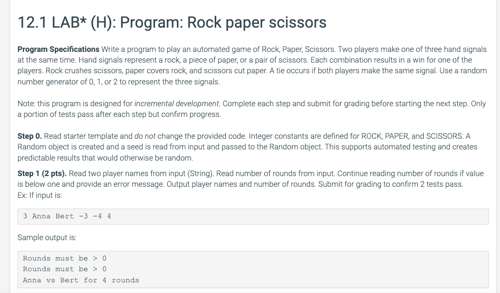 Solved 12.1 ﻿LAB* (H) ﻿: Program: Rock paper scissorsProgram | Chegg.com