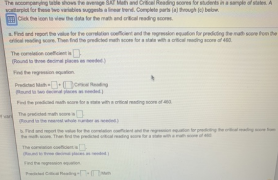 Solved The accompanying table shows the average SAT Math and | Chegg.com