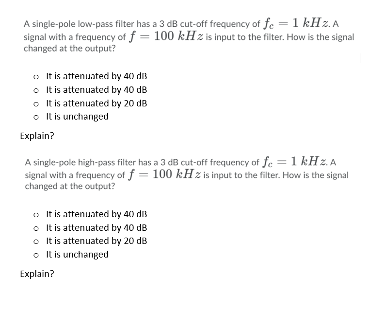 Solved A single-pole low-pass filter has a 3 dB cut-off | Chegg.com