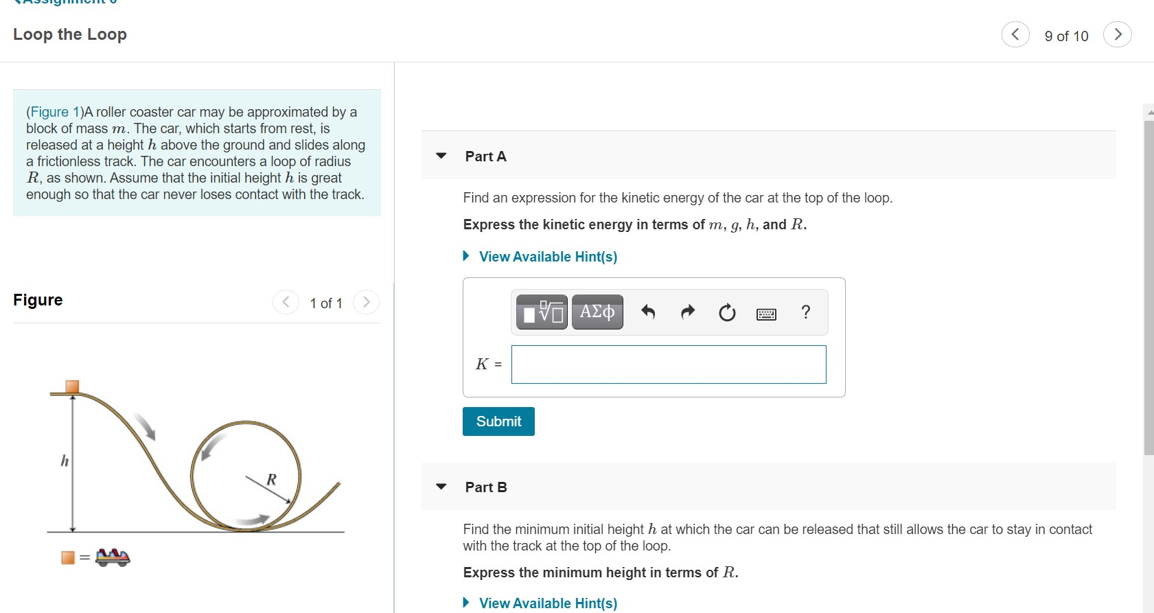 Solved Loop the Loop 9 of 10 > (Figure 1) A roller coaster | Chegg.com