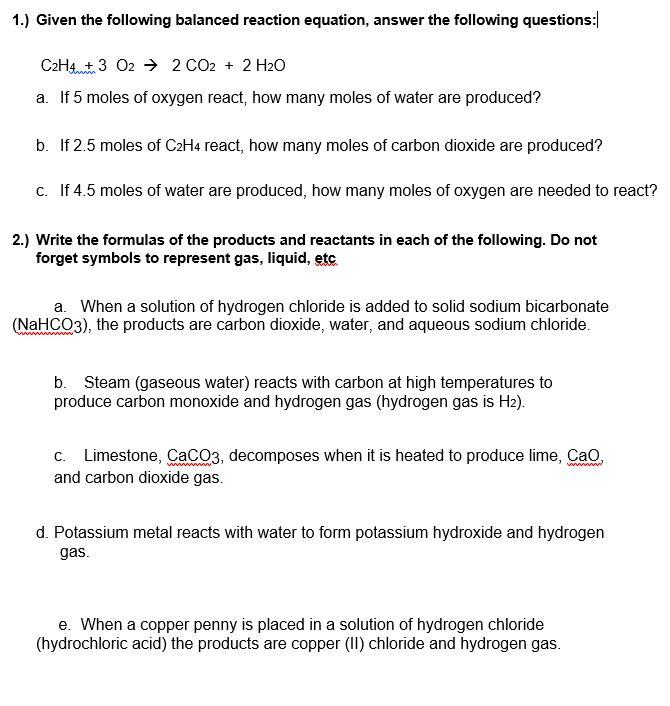 Solved 1.) Given the following balanced reaction equation, | Chegg.com