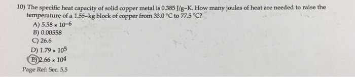 Solved 10) The specific heat capacity of solid copper metal | Chegg.com