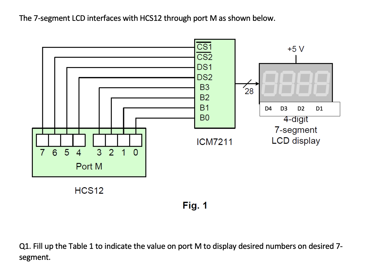 Solved The 7-segment LCD interfaces with HCS12 through port | Chegg.com