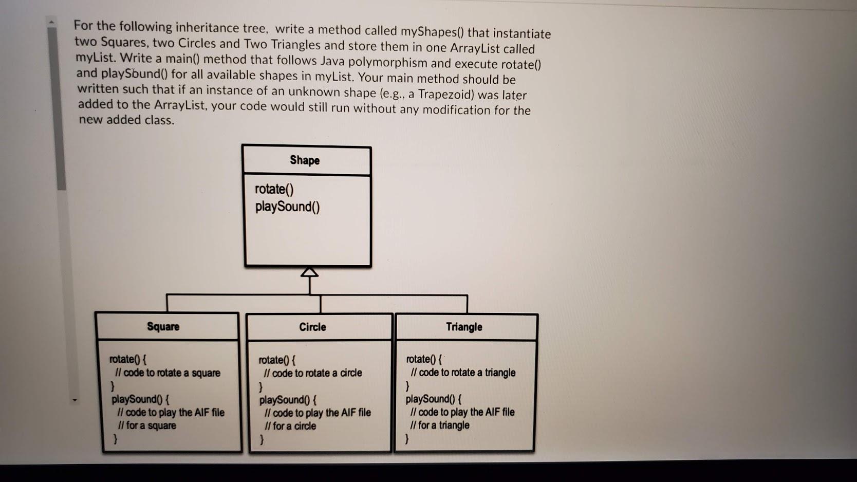 Solved For the following inheritance tree, write a method | Chegg.com